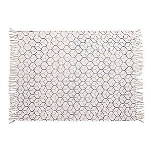 Creative Co-Op Stonewashed Cotton Blend Ogee Pattern & Tassels, Blue & Cream Color Throw