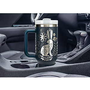 Elanze Designs Woodland Bunny Rabbit Flower Garden 40 oz. Stainless Steel, Large Water Bottle Coffee Mug, Spill & Leak Resistant, Thermal Travel Tumbler with Handle, Lid & Straw, Navy Blue