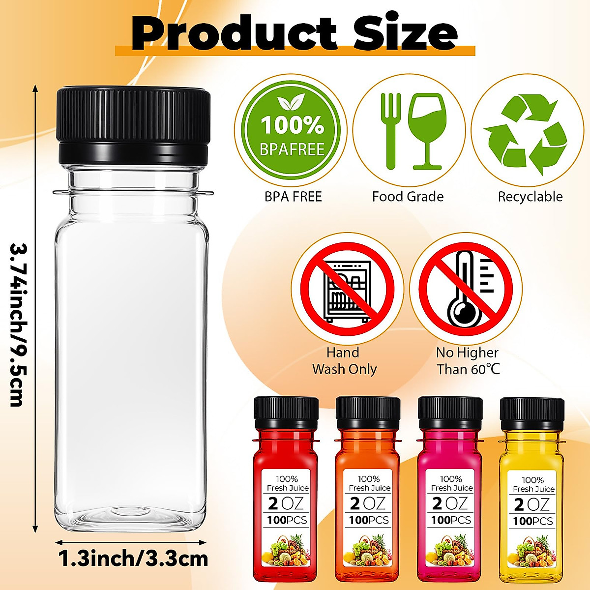 50 Pcs 2oz Clear Plastic Bottles, Mini Juice Bottle with Black Screw Lid, Juice Bottles Empty Reusable Liquid Vial Freezer Safe Drinking Beverage Container Leak Proof for Juice Milk Water Beverages