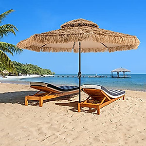 Tangkula 10 ft Thatched Patio Umbrella, 2 Tier Hawaiian Style Grass Beach Umbrella with 32 Led Lights, Center Light, Solar Tiki Umbrella with 8 Ribs, Tilt Adjustment, Manual Crank for Backyard, Poolside, Deck