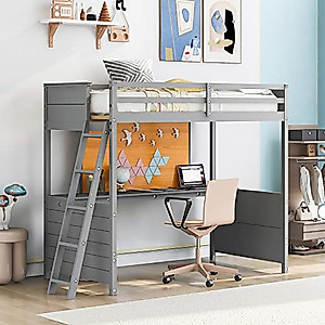 Lifeand Twin Size Loft Bed with Desk and Writing Board, Wooden Loft Bed with Desk,Gray