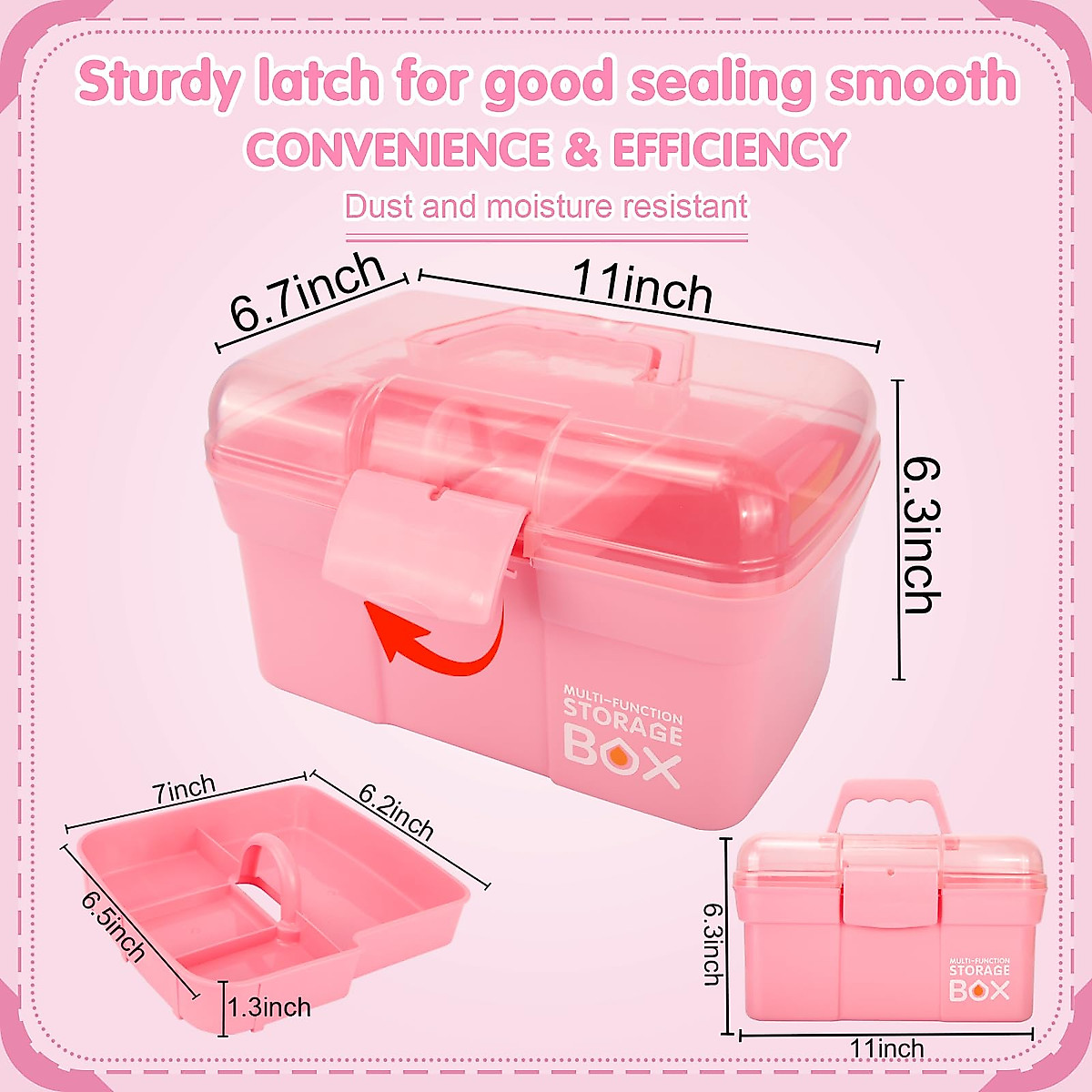 TERGOO 11in Mutipurpose Storage Box Organizer with Removable Tray, Portable Small Craft Box with Handle, Plastic Clear Tool Box Art Case for Makeup, Sewing, Nail, Hair Accessories (Pink)