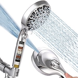 Nuodan Handheld Filtered Shower Head with ON/OFF Pause Switch - High Pressure 10-modes, Built-in Power Wash to Clean Bathroom Tub, Tile or Pets, Stainless Steel Hose, Wall and Overhead Brackets