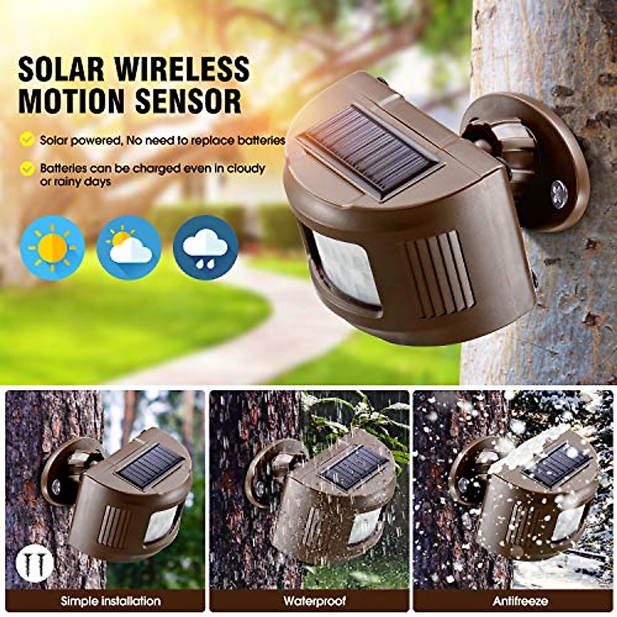 eMACROS Pairable 1/2 Mile Long Range Solar Wireless Driveway Alarm Indoor Outdoor Weatherproof Motion Sensor&Detector Security Alert System (2021 New)