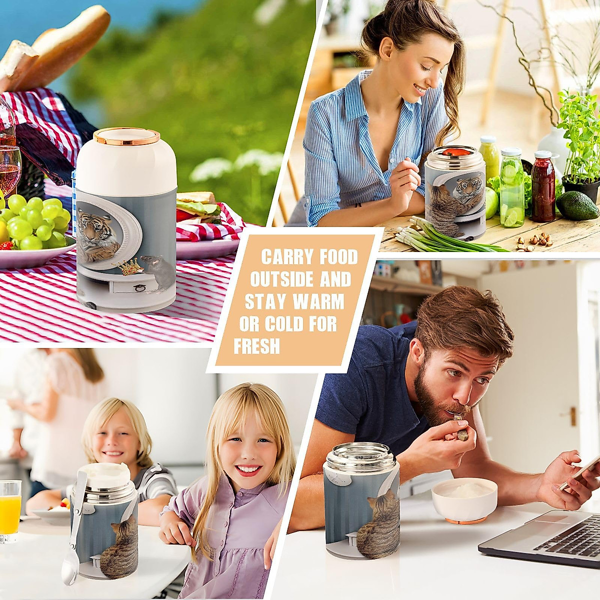 CUPADA Biege Cat Tiger Food Jar, Cute Animals Crown Insulated Hot Food Jars Vacuum 17OZ with Folding Spoon for Work Trip Picnic Camping