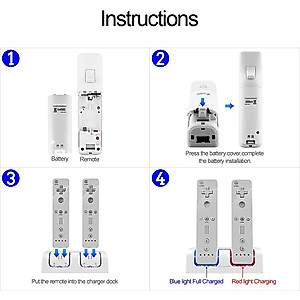 Wii Charging Station, Dual Charger Dock with Two Rechargeable 2800mAH Batteries for Wii Remote Controller(White)