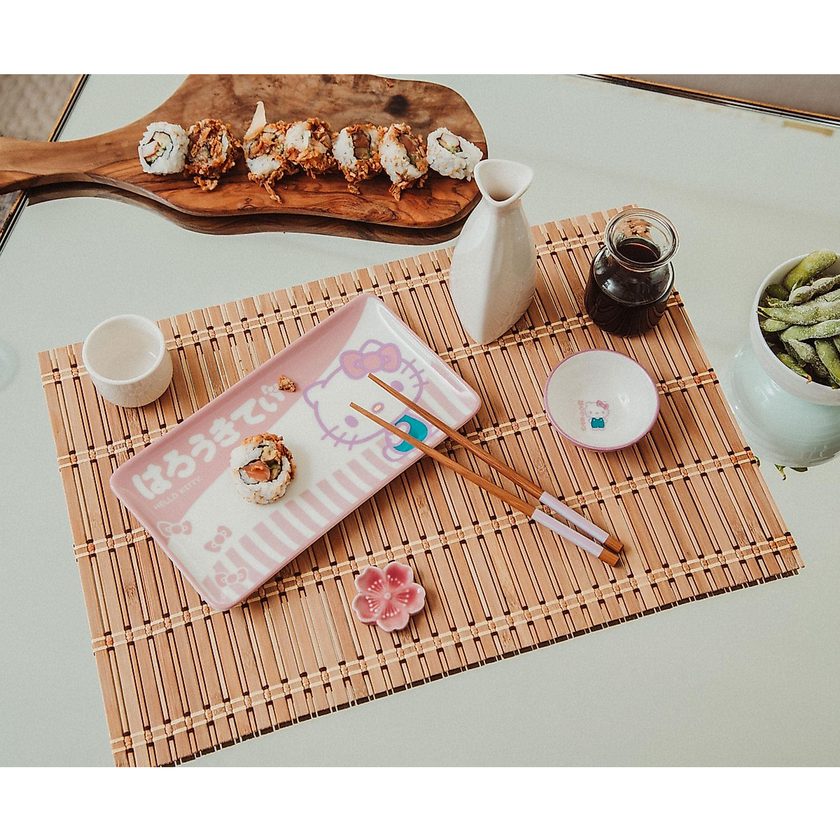 Sanrio Hello Kitty Pink 3-Piece Ceramic Sushi Set With Sauce Bowl and Chopsticks