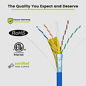 trueCABLE Cat6A Shielded Plenum (CMP), 1000ft, Blue, 23AWG Solid Bare Copper, 750MHz, PoE++ (4PPoE), ETL Listed, Overall Aluminum Foil Shield (F/UTP), Bulk Ethernet Cable