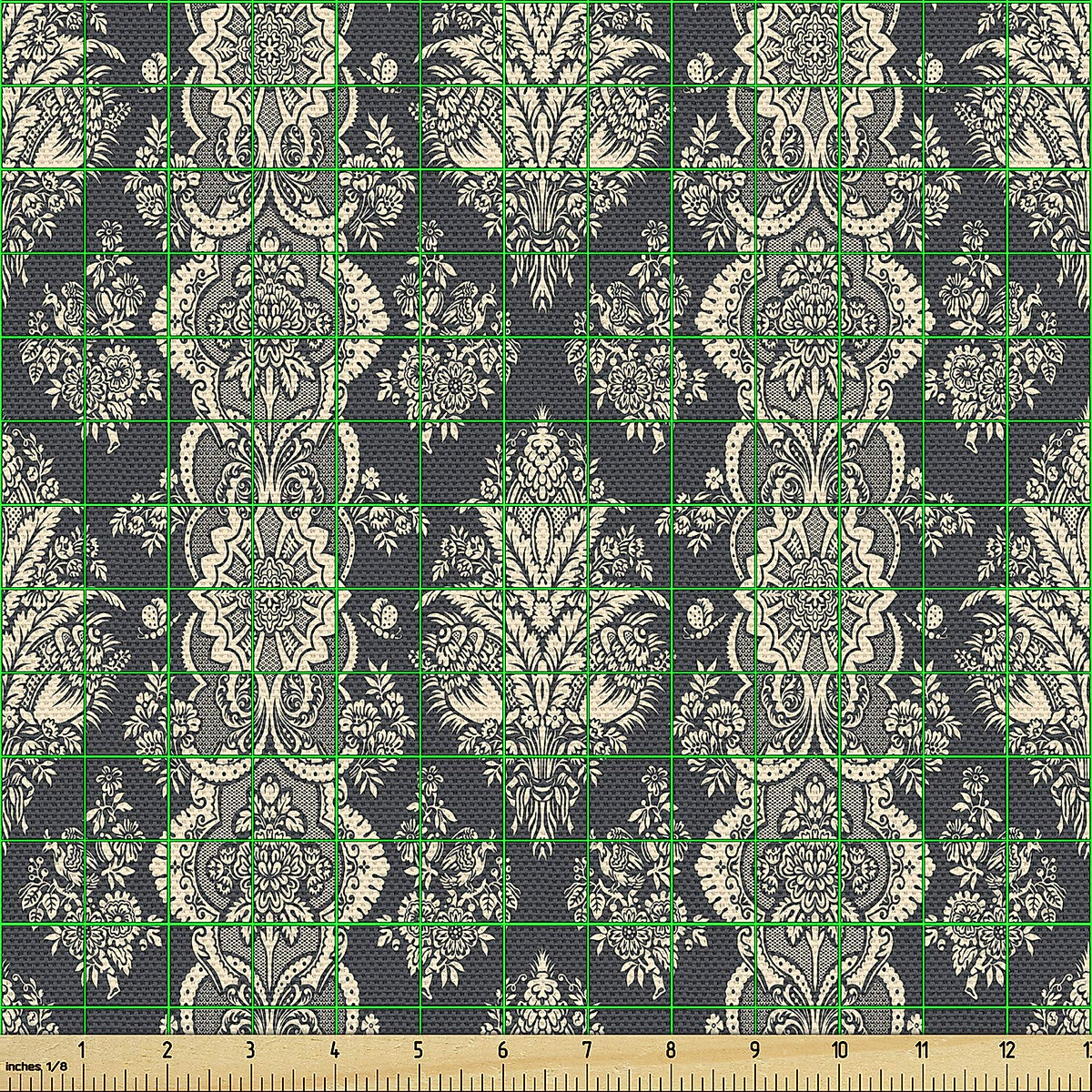 Ambesonne Damask Fabric by The Yard, Victorian Style Baroque Classic Pattern with Ornamental Floral Leaves Image, Decorative Fabric for Upholstery and Home Accents, Charcoal Grey Cream