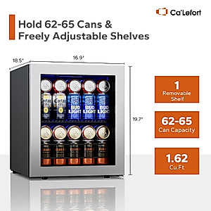 Ca'Lefort Beverage Refrigerator, 65 Can Mini Fridge Glass Door for Beer Soda 38-68°F, Freestanding Under Counter Beverage Cooler for Bedroom/Office/Bar, 1.62 Cu.Ft