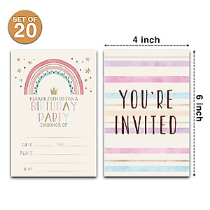 Disfuco Pink Rainbow Birthday Party Invitations - Boho Rainbow Party Supplies - Fill in The Blank Birthday Party Invites - 20 Invitation Cards With 20 Envelopes - (005A)