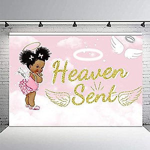 MEHOFOTO 7x5ft Heaven Sent Girl Baby Shower Party Backdrop Props Light Pink Sky White Cloud Angel Wing Decorations God Gift Photography Background Photo Banner for Dessert Table Supplies