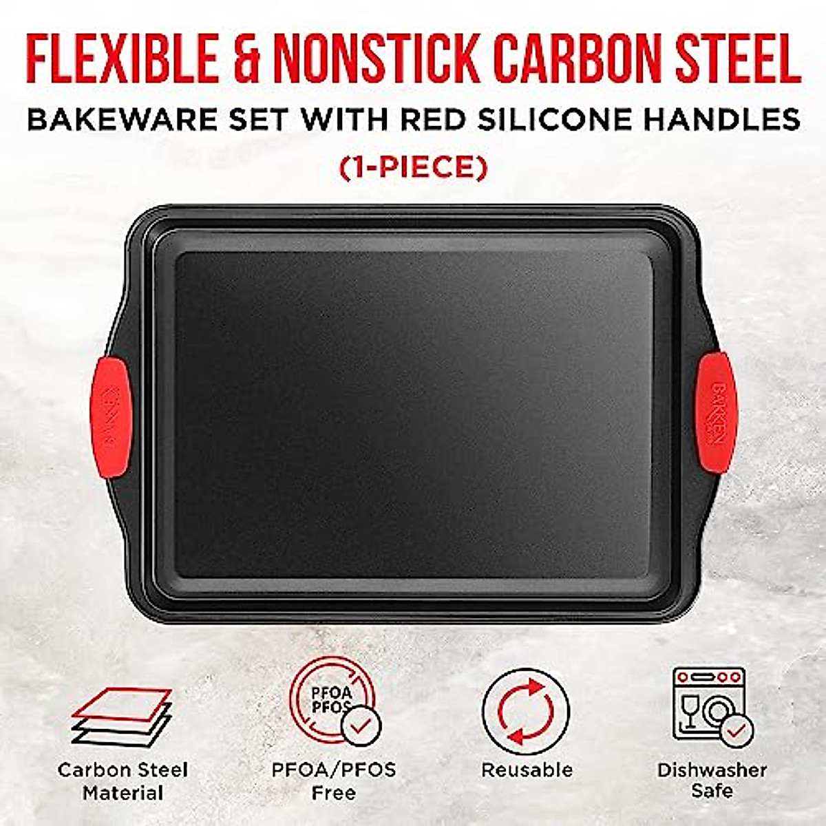 Nonstick Cookie Sheet Pan Carbon Steel Oven Tray Sheet Pan with Red Silicone Handles -Medium Bakeware Pan Tray with Gray Coating Inside & Outside