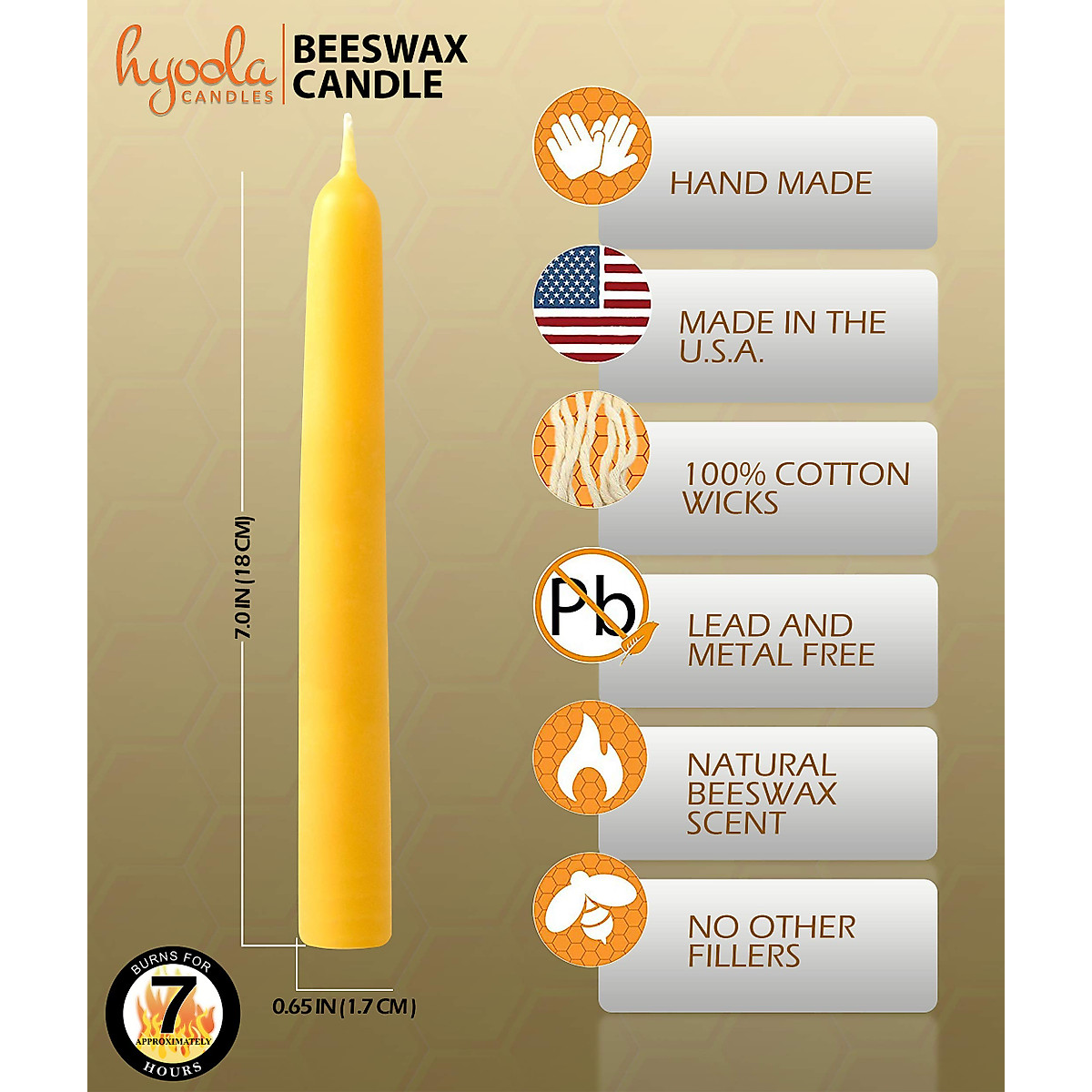Hyoola 7 Inch Beeswax Taper Candles 12 Pack - Handmade, All Natural, 100% Pure Unscented Bee Wax Candle - Tall, Decorative, Golden Yellow - 7 Hour Burn Time