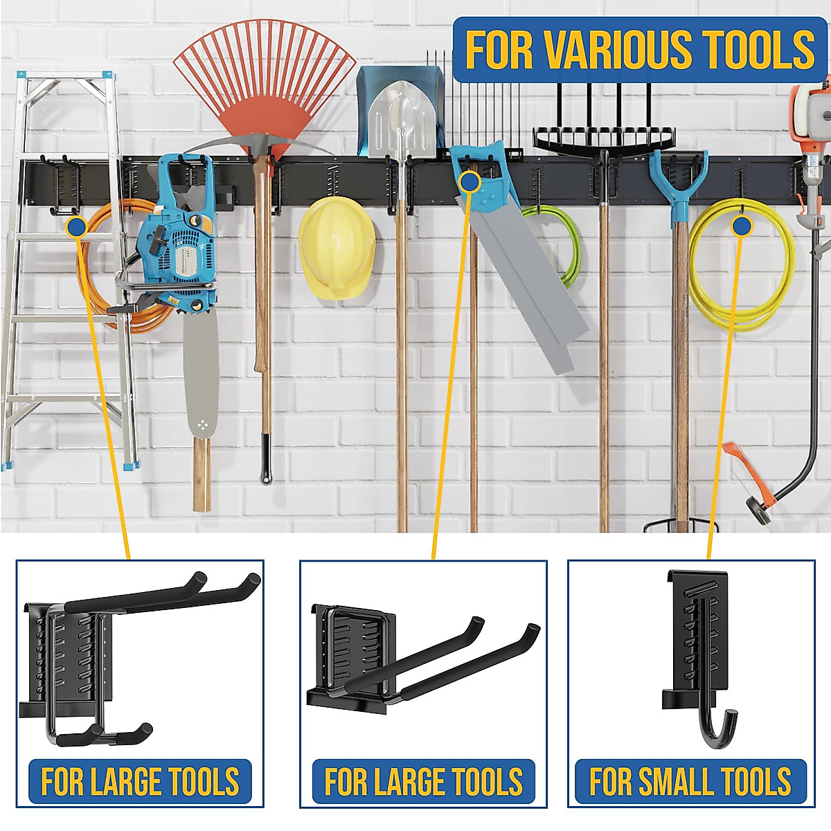 Volitaous 64Inch Garden Tool Organizer for Garage, Heavy Duty Garage Storage Rack, Adjustable 12PC Wall Hook for Yard Tool Organizer, Garden Tool Rack Max 400Lbs