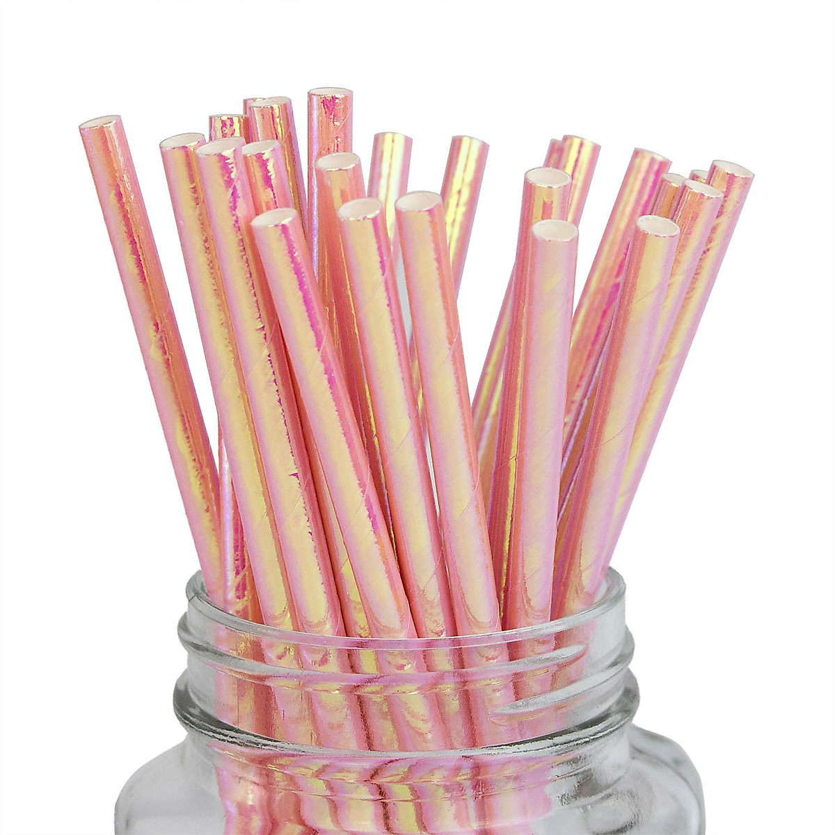 Iridescent Pink Paper Drinking Straws - Box of 100 Biodegradable Pearl Foil Straws for Milk, Juice, Swizzle Sticks for Treat Display Party Decor