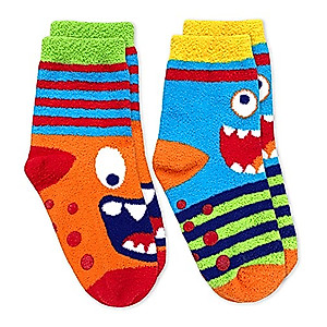 Jefferies Socks Boys Boy's Monster Fuzzy Non-Skid Slipper 2 Pack, Multi, X-Small, Multi, X-Small US