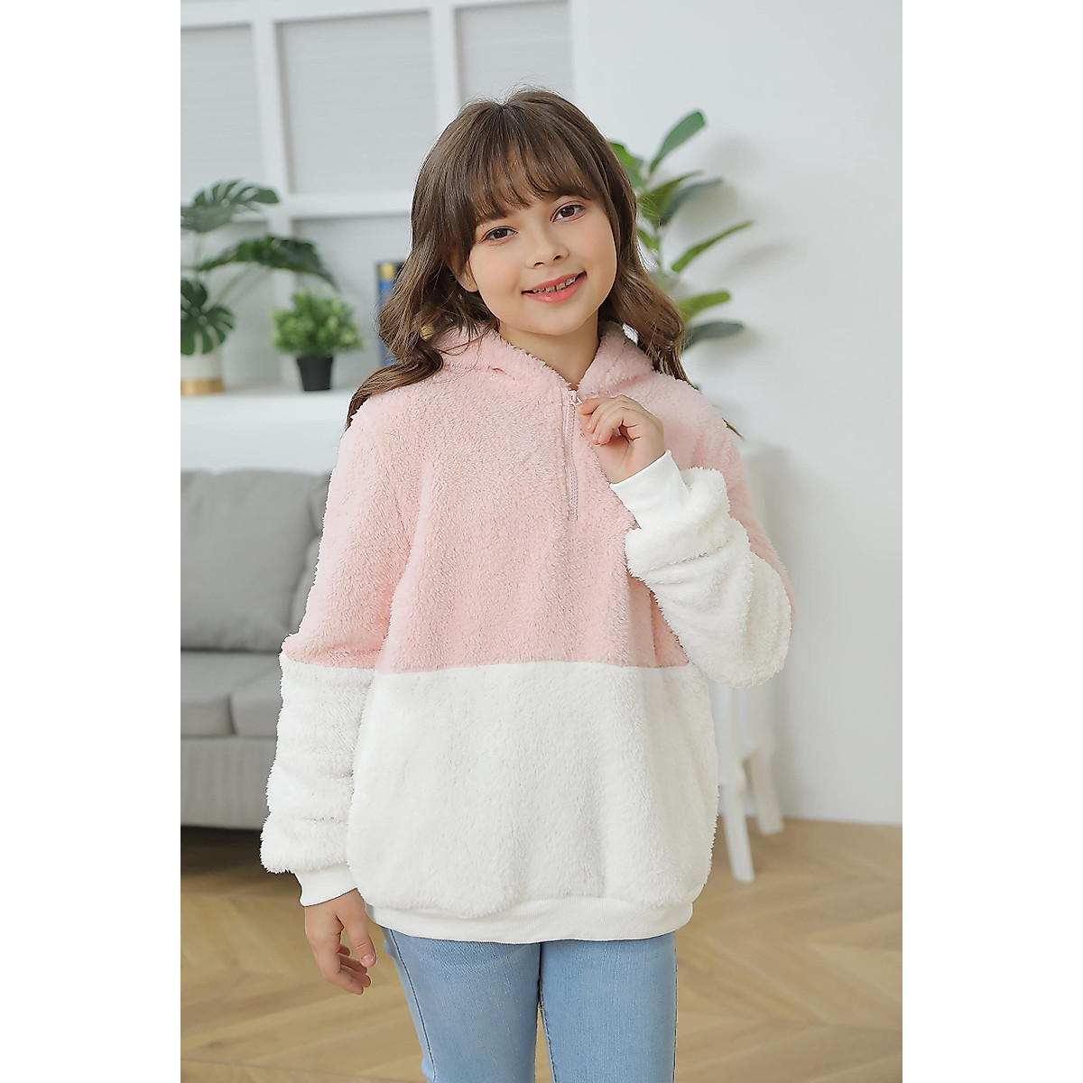 Haloumoning Girls Fuzzy Fleece Pullover Hoodies Sweatshirt Casual Loose Outwear Coat with Pockets 10-11 Years