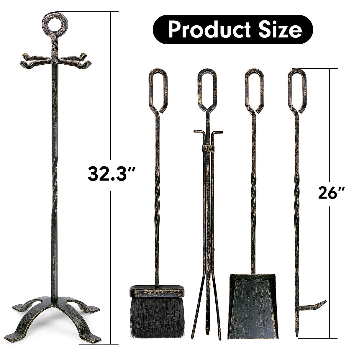 AMAGABELI GARDEN & HOME 5 Pieces Fireplace Tools Sets Wrought Iron Fireplace Set Antique Brass Copper with Poker Tongs Broom Shovel Stand Indoor Fire Place Kit Wood Stove Hearth Accessories Gold