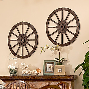 2 Pcs 12 in Farmhouse Rustic Wagon Wheel Wooden Decoration Western Cowboy Style Home Decorations with Metal Hooks 3D Structure Style (Brown 3D)