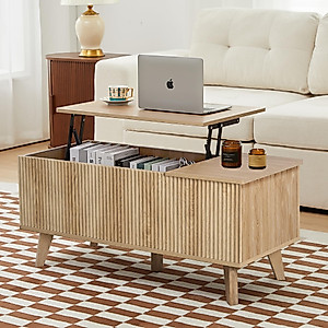 Wooden Fluted Lift Top Coffee Table with Hidden Compartment, Modern Rectangle Center Tables with Adjustable Storage Shelf, Lift Tabletop Dining Table for Home Living Room Office(Natural)