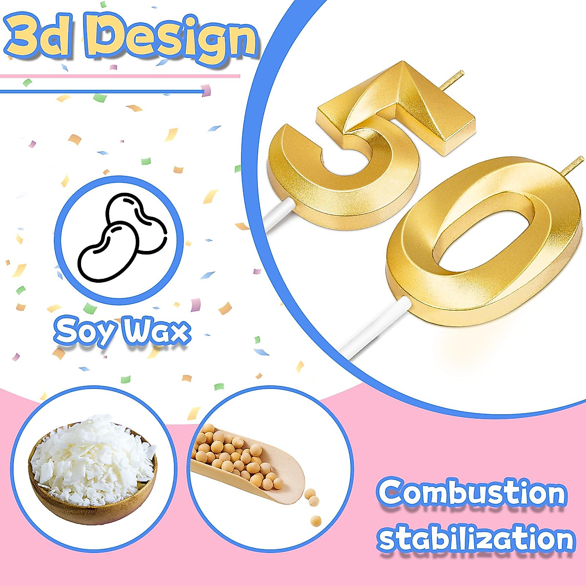 50th Birthday Candles for Cake,Gold Number Candles for Happy Birthday Cake Toppers,Birthday Decorations for Her Him Party Anniversary Wedding