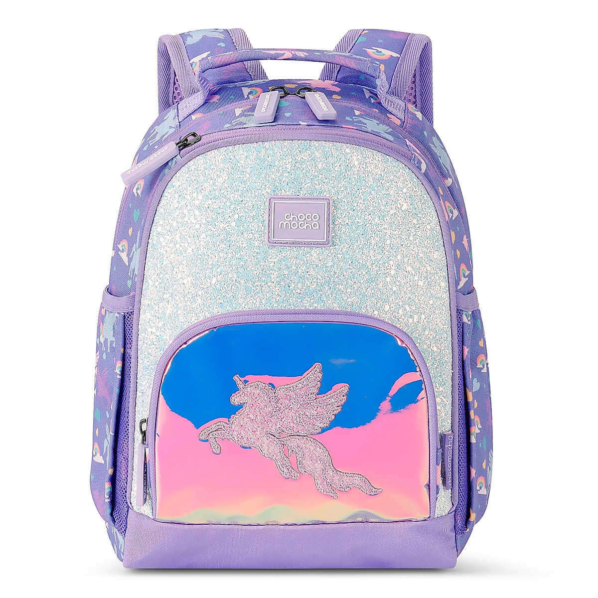 Choco Mocha Unicorn Toddler Backpack for Little Girls, Kids Pre Kindergarten Daycare Sparkle Backpack for Toddler 12 Inch, Glitter Bling Purple