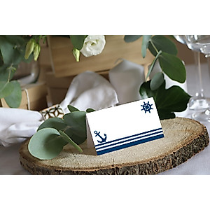 Nautical Place Cards - 25 Pack - Nautical Food Cards. Blue Anchor and Captain’s Wheel over Stripes Design, for Dinner Parties, Banquets, Cocktail Parties, Buffet. 2” x 3.5”. Scored for Folding.