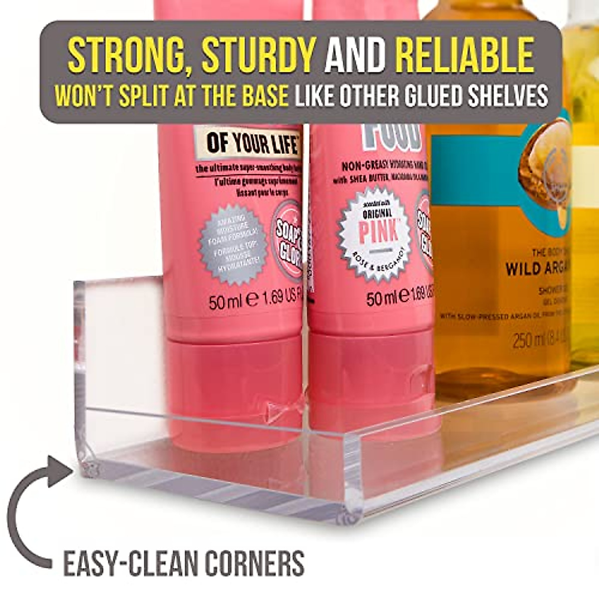 Pretty Display Acrylic Bathroom Shelves [2 Pack] Wall Mounted 15" Shelf Set - Crystal Clear Floating Shelves, Easy to Wall Mount, Rust-Proof & Maintenance-Free