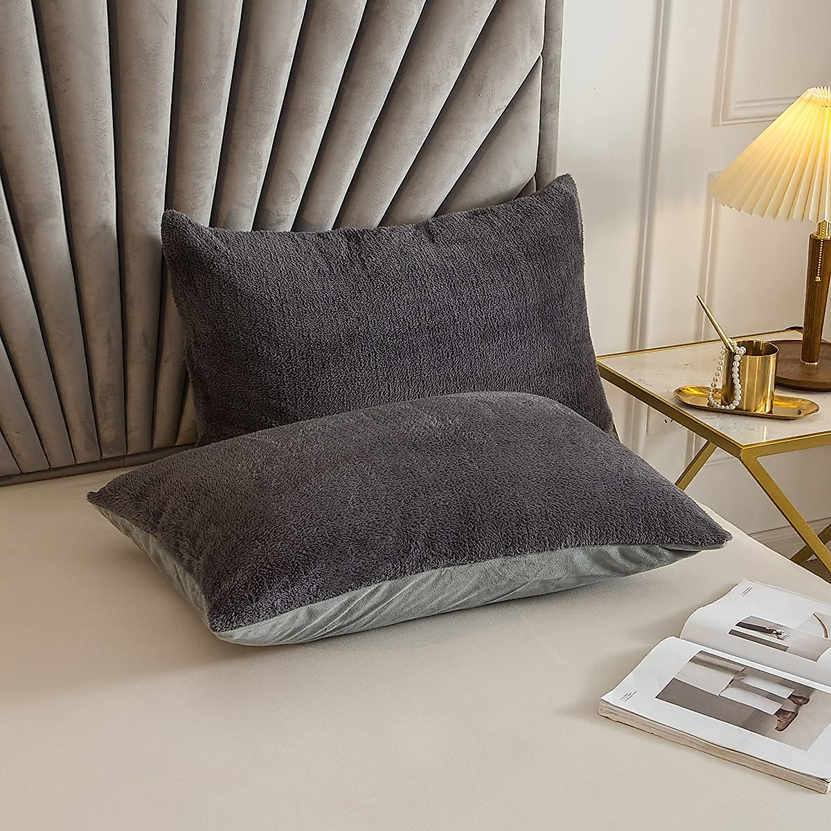 JSZS Velvet Plush Shaggy Duvet Cover Set,Luxury Ultra Soft Fluffy Duvet Cover Set,Winter Fuzzy Duvet Cover Set, (1 Faux Fur Duvet Cover +2 Faux Fur Pillow,Full/Queen,Dark Gray)