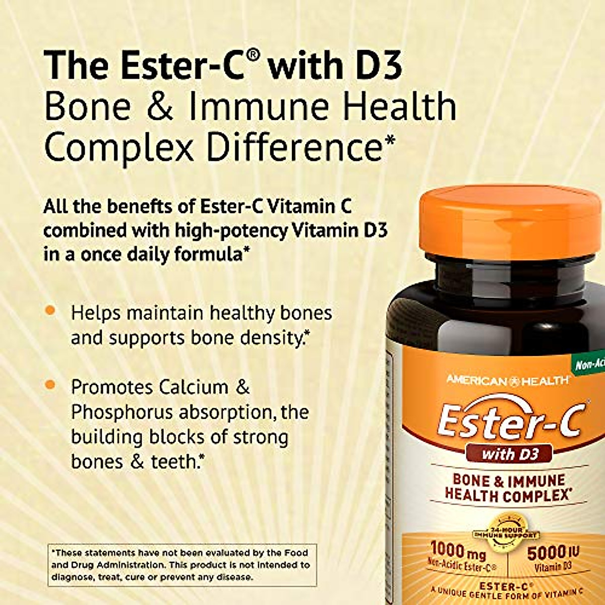 American Health EsterC with D3 Bone Immune Complex Vegetarian Tablets 24Hour Immune Support 1000 mg EsterC 5000 IU Vitamin D3 NonAcidic Vitamin C Servings, 60 Count