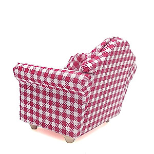 iLAND Dollhouse Furniture on 1/12 Scale for Dollhouse Living Room incl Sofa w/Pillow & End Table & Rug (Red White Gingham Armchairs Set)