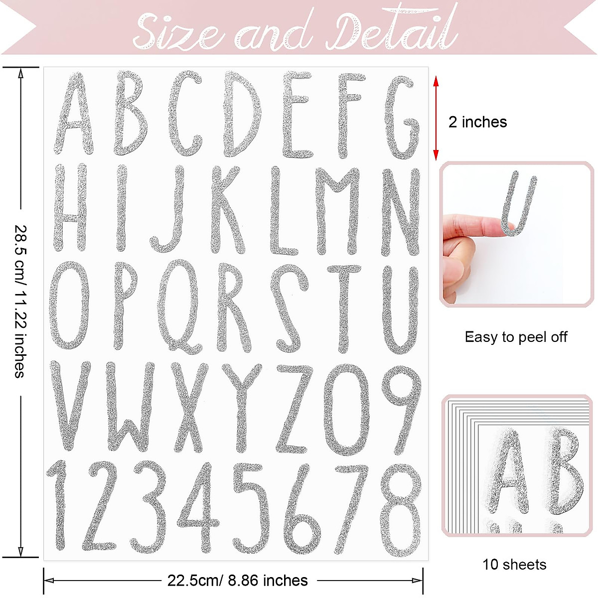 Waynoda Glitter Alphabet Letter Stickers 360 Pieces 10 Sheets Self Adhesive Letters(Silver,2Inch)