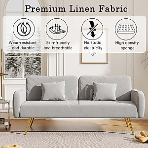 70“ Futon Bed with Mattress Included,Futon Couch Sofa Bed w/ Split Backrest and 2 Throw Pillows,Convertible Loveseat Sleeper w/ Gold Metal Legs and Arms for Living Room Bedroom Small Space (Grey)