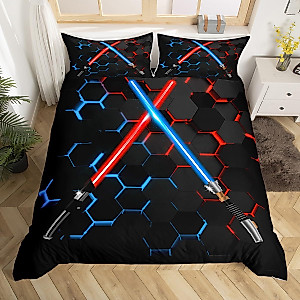 Geometric Honeycomb Duvet Cover Set Full Size Neon Red Blue Lightsaber Bedding Set 3Pcs for Kids Girls Boys Teens Room Decor Fashion Games Comforter Cover Black 3D Hexagon Quilt Cover,2 Pillowcases