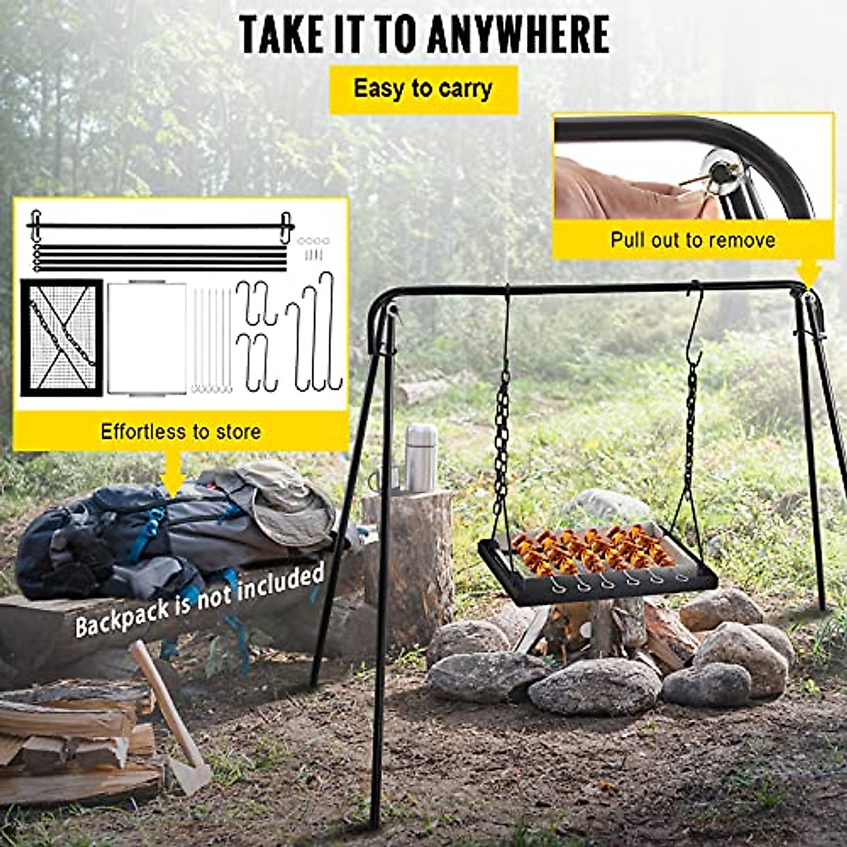 VEVOR Grill Swing, Campfire Cooking Stand 44 Lbs Capacity, 32'' Height Campfire Grill Stand with Adjustable Legs, BBQ Grill with Hooks & & Accessories for Cookware & Dutch Oven