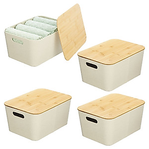 mDesign Modern Fabric Covered Basket with Lid - Stacking Decorative Storage Bin Box with Bamboo Cover for Closet, Living Room, Kitchen, Office Shelf - Holders for Clothing/Accessories, 4 Pack, Cream