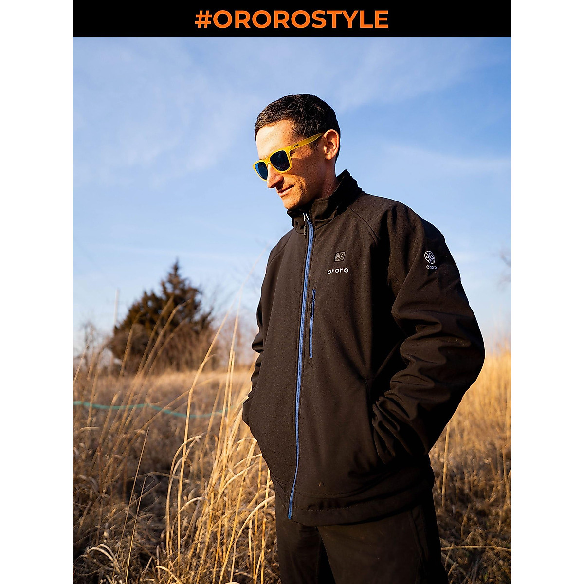 ORORO Men's 4 Heat-Zone Heated Jacket with Battery, Soft Shell Heated Jacket with Detachable Hood (Black/Blue, 2XL) (Charger Not Included)