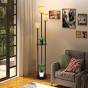 Boho Floor Lamp with Shelves, Black Floor Lamp with Hand-woven Shade, 3-Lights Corner Display Standing Lamp, Farmhouse Rustic Floor Lamps For Living Room, Bedroom, Office, Metal Tall Lamp for Reading