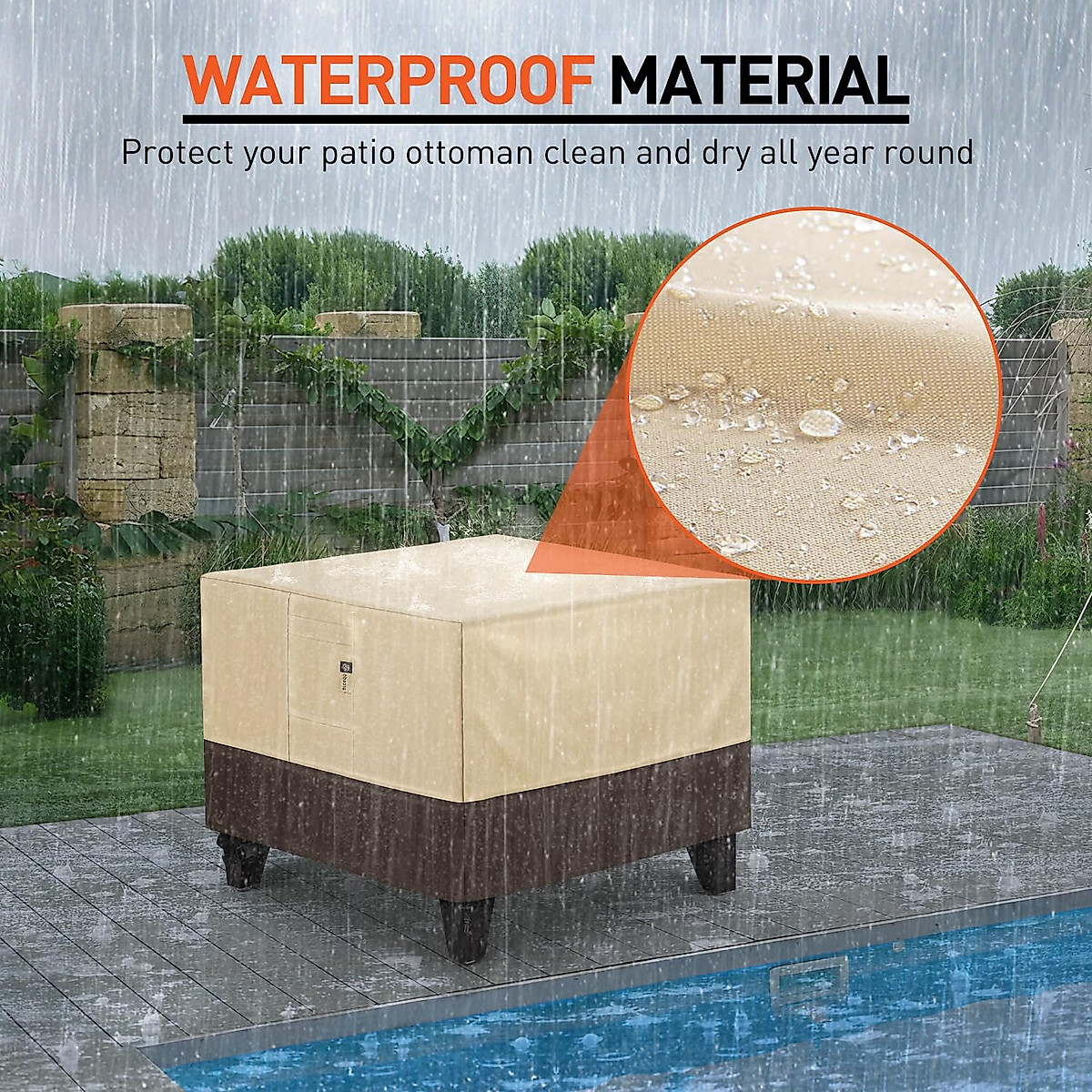 Arcedo Square Outdoor Ottoman Cover, Waterproof Coffee Table Cover, Durable Patio Side Table Cover, Patio Ottoman Cover for Outdoor Furniture, 32”L x 32”W x 18”H, Beige and Brown