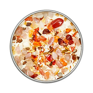 Sacral Chakra Candle by New Moon Beginnings - Chakra Candles - Dried Flower, Herb, & Crystal Candles - Aromatherapy Candles - Soy Candle - 8oz Tin