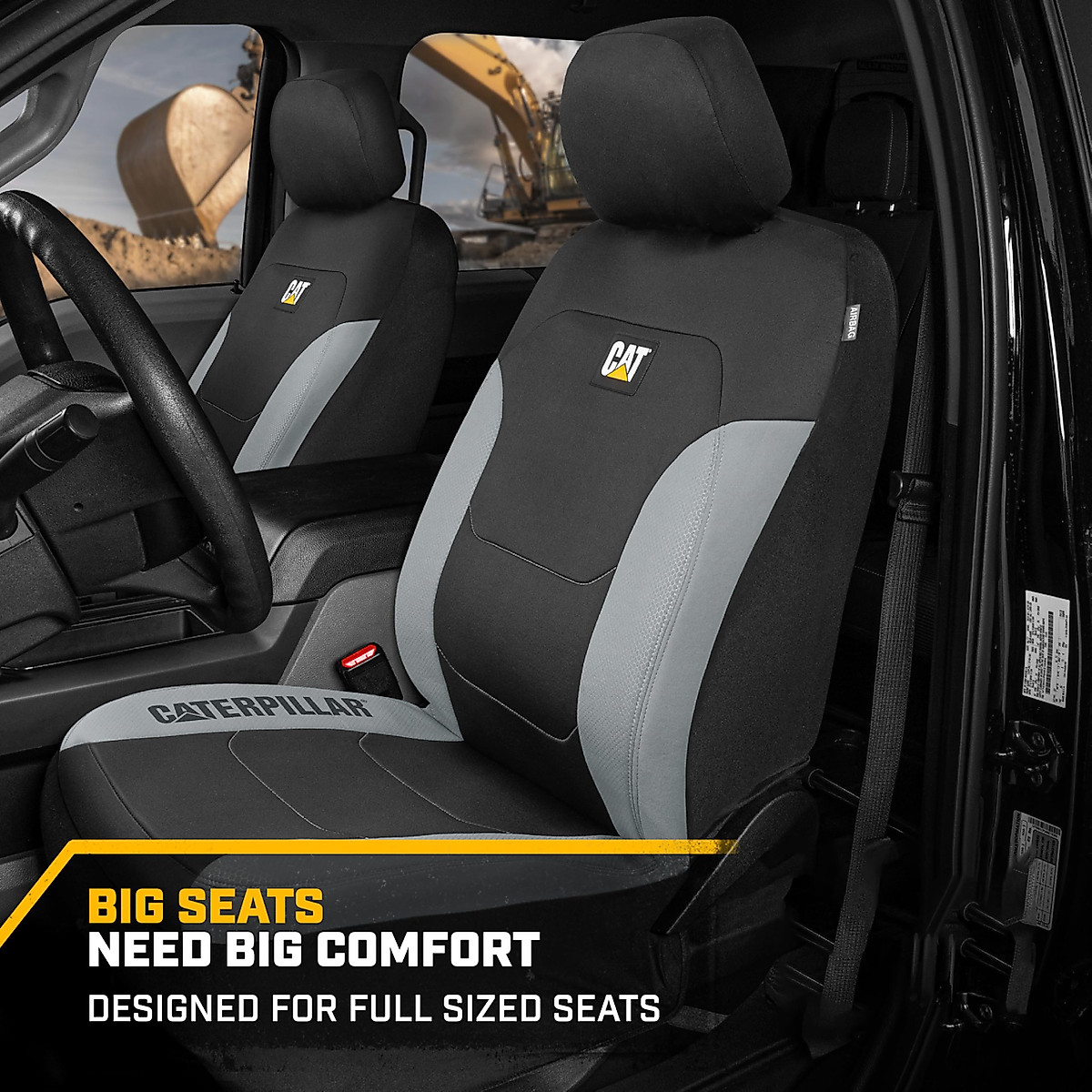 Caterpillar Flexfit Automotive Seat Covers for Cars Trucks and SUVs (Set of 2) – Black Seat Covers for Front Seats, Seat Protectors with Gray Honeycomb Trim, Auto Interior Covers