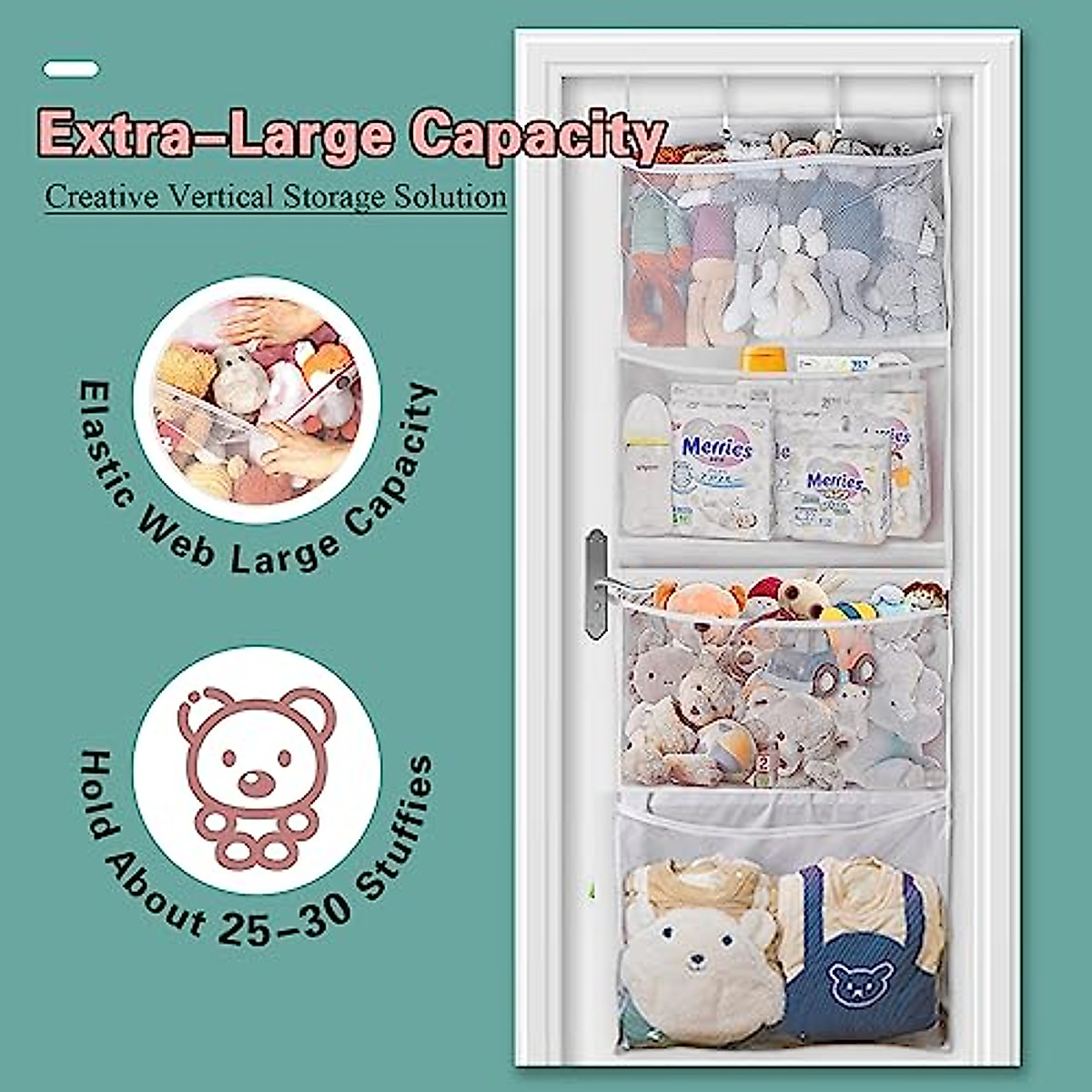 DBEES Stuffed Animal Storage, Large Capacity Over Door Stuffed Animal Organizer, 4 Expandable Mesh Net Pockets Breathable Hanging Plush toy storage, for Boys, Girls, Organizing Nursery, Bedroom