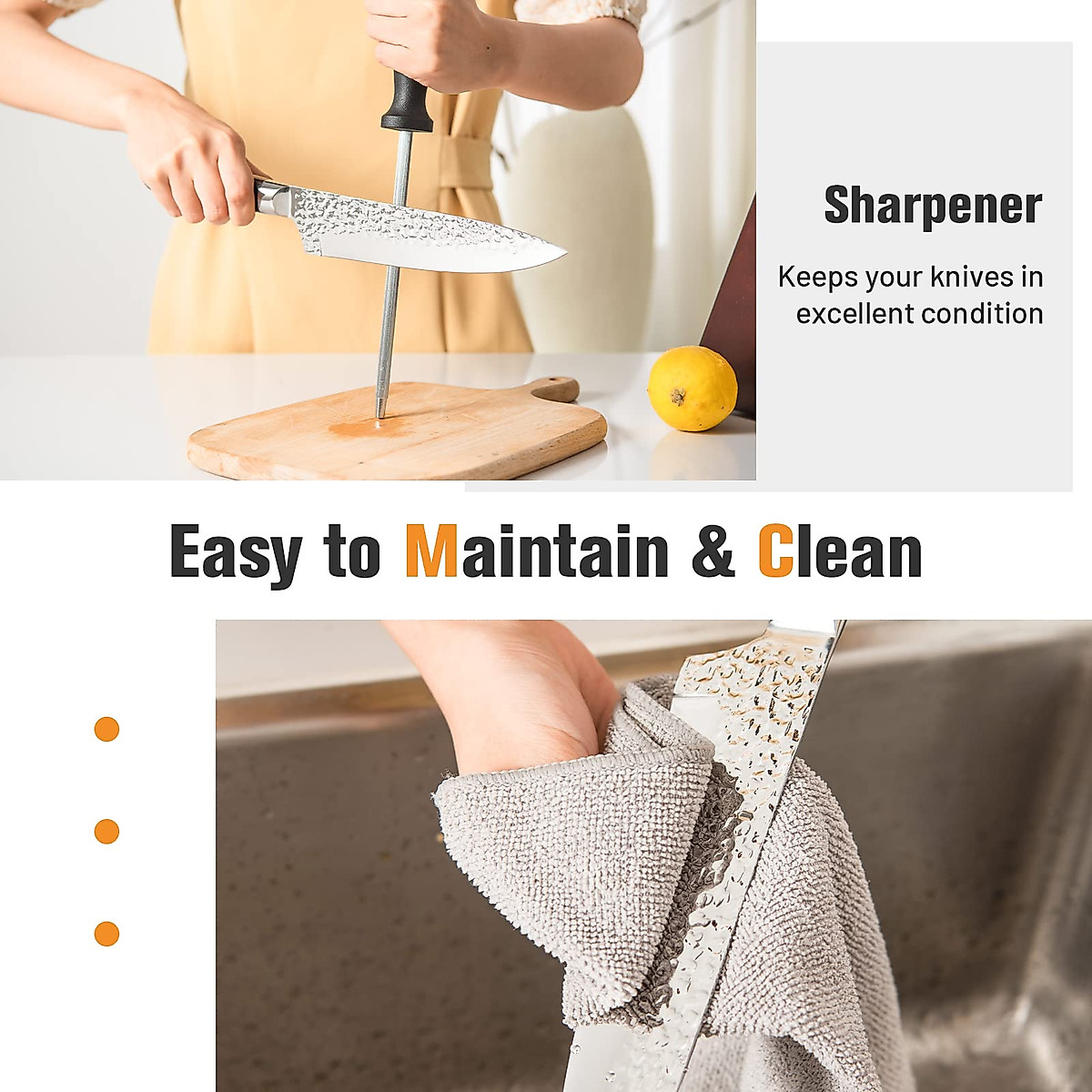 COSTWAY 15-Pieces Kitchen Knife Sets, with Block, Sharpener & Kitchen Shears, Includes Chef Knife, Bread Knife, Santoku Knife, Utility Knife, Paring Knife, 6 Steak Knives (Dark Brown)