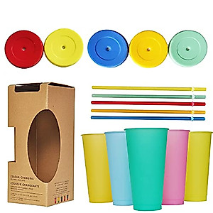 Color Changing Cups Set Cooler 24oz Reusable Plastic Cold Drink Cups with Lids and Straws for Adults Straws In Bright Colors, 5 Iced Coffee Cup, Smoothie Cups with Lids and Straws, Tumbler with Straw