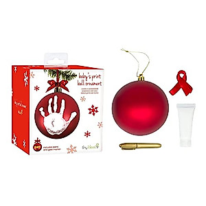 Tiny Ideas Baby's Print 1st Holiday Keepsake Ball Ornament with Included Paint for Handprint, DIY Christmas Ornament, Red (Pack of 2)