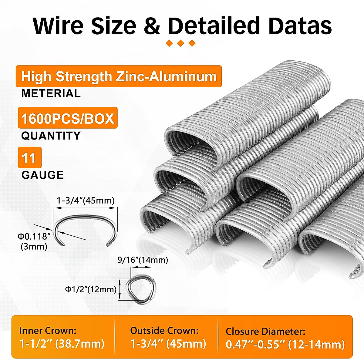 KIMSING 11 Gauge C50 Zinc-Aluminum Alloy Hog Ring Staples 1-3/4" (45 mm) Crown, 1600 PCS/Box, C Ring Staples Fasteners for Heavy Duty Wire Fencing, Gabion