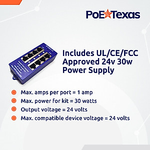 PoE Texas 4 Port 24V Passive PoE Injector with 24V 30W UL/FCC Certified Power Supply - Gigabit Injector - Passive Power Over Ethernet Multi Port PoE Adapter for Ubiquiti, Mikrotik, 24 Volt PoE Devices