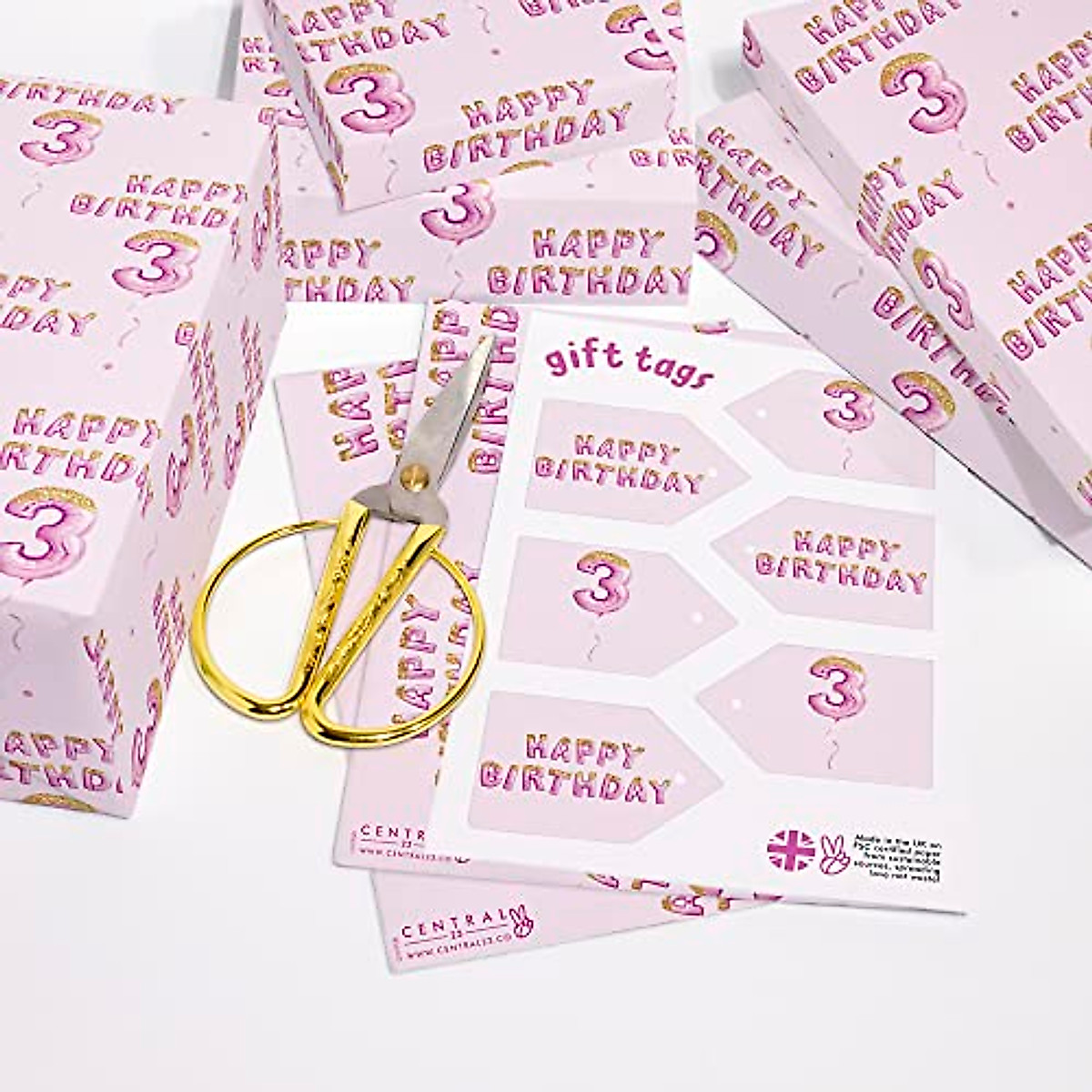 CENTRAL 23 Birthday Wrapping Paper For Girls - 6 Sheets Pink Wrapping Paper - Age Three - Happy 3rd Birthday Gift Wrap For Her - Comes With Stickers - Recyclable