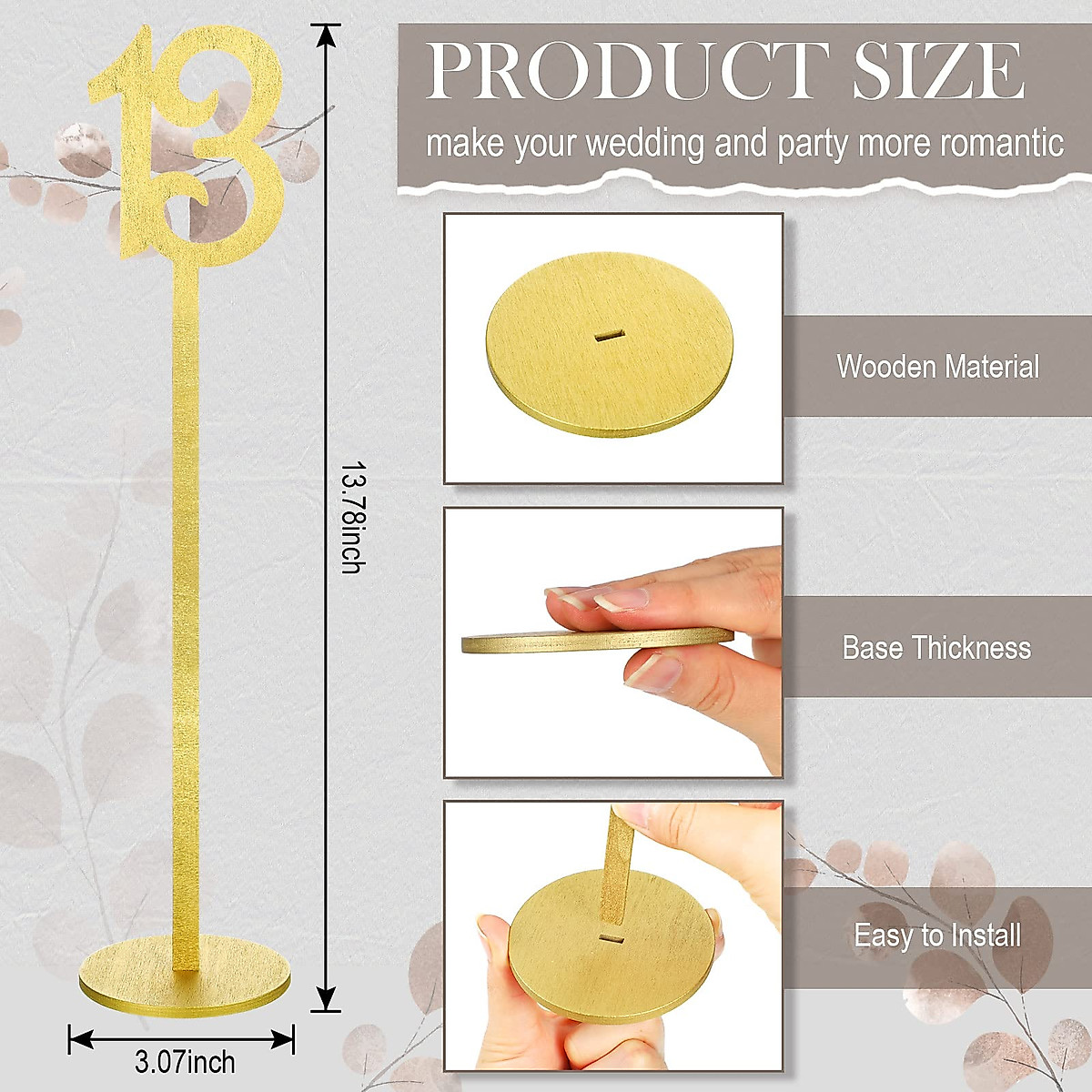 20 Pcs Table Numbers Wedding Table Numbers Wood Table Numbers for Wedding Reception Stands Seat Numbers with Holder Base Table Numbers for Wedding Party Event Catering, 1-20 (Gold)